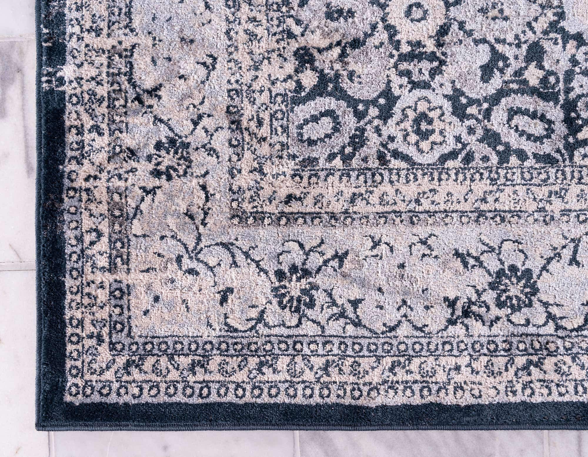 Unique Loom Leila Collection Distressed, Traditional, Vintage, Border, High-Low Pile, Botanical Area Rug, 8' 0 x 8' 0 Square, Navy Blue/Ivory