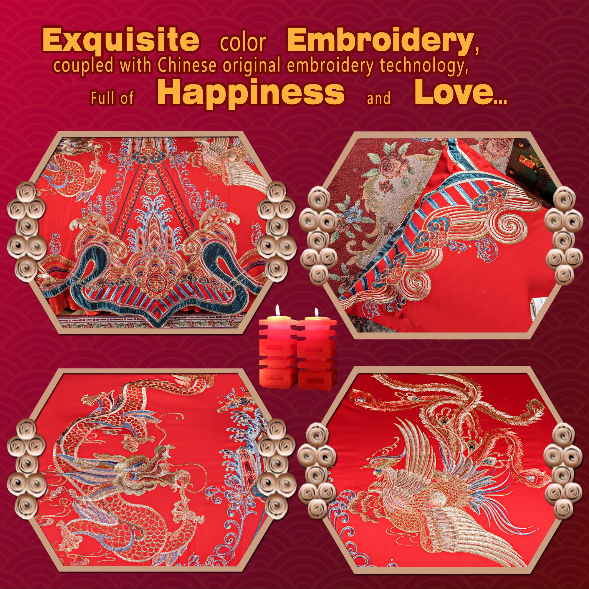 EsyDream Luxury Double Happiness Dragon and Phoenix Bird Embroidery Chinese Wedding Red Bedding Set King Queen Size 100% Cotton Embroider Red Wedding Duvet Bedlinen Sets(Color 1 King,6PC/Set)