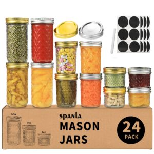 mason jars canning jars, 24 pack jelly jars with regular lids, ideal for jam, honey, wedding / shower favors, diy magnetic spice jars - 4 oz x 8, 8 oz x 8, 12 oz x 8 (4oz -8oz-12oz)