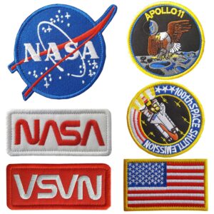 lightbird nasa patches 6 pieces,embroidered iron on/sew on space patches,us flag patch (iron on/heat transfer backing) 1