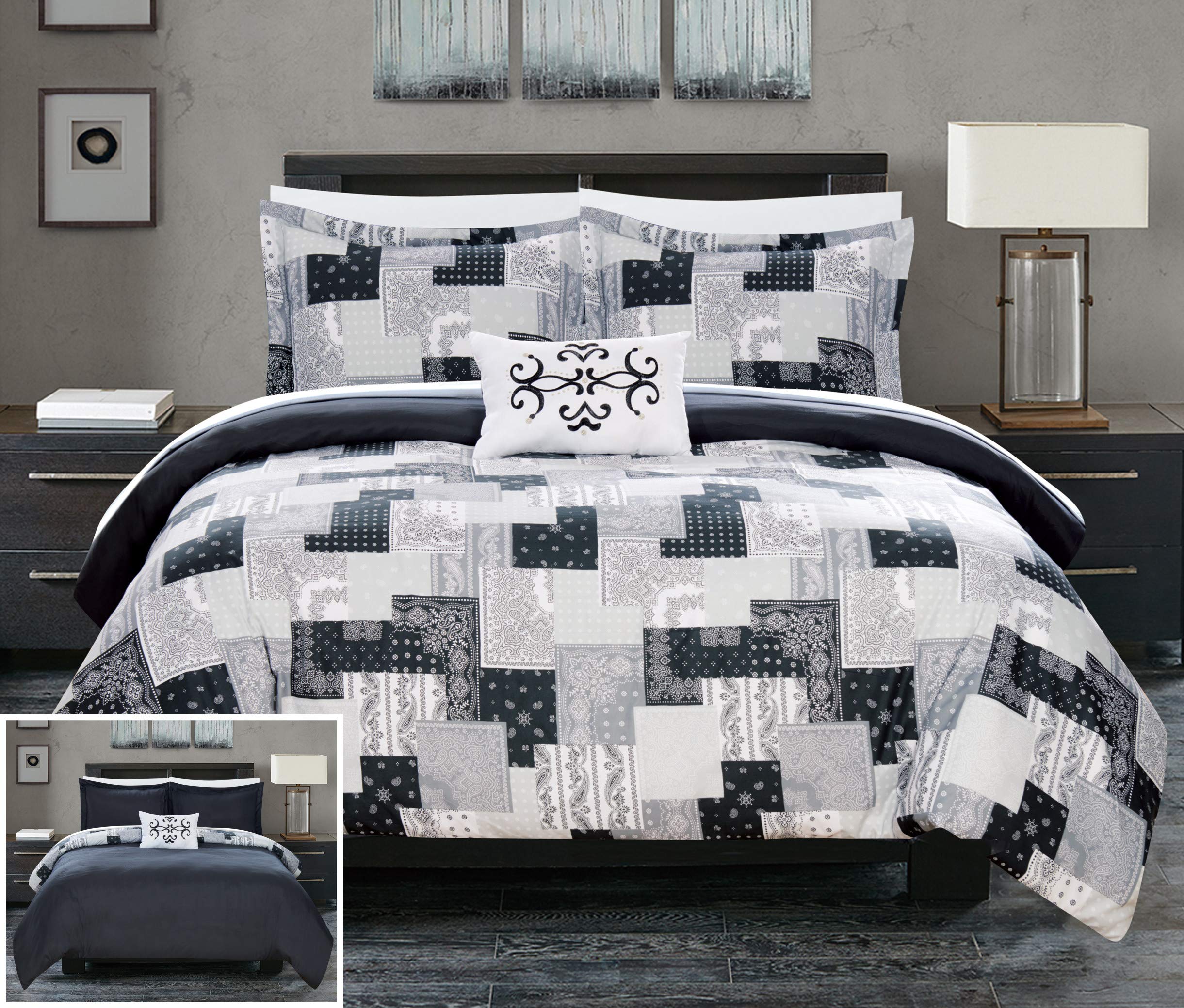 Chic Home Utopia 4 Piece Reversible Duvet Cover Set Patchwork Bohemian Paisley Print Design Bedding-Decorative Pillow Shams Included, King, Black