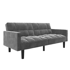 dhp hayden 78 inch futon sofa bed in microfiber, upholstered couch sleeper with tufted back and seat, mid-century modern, gray