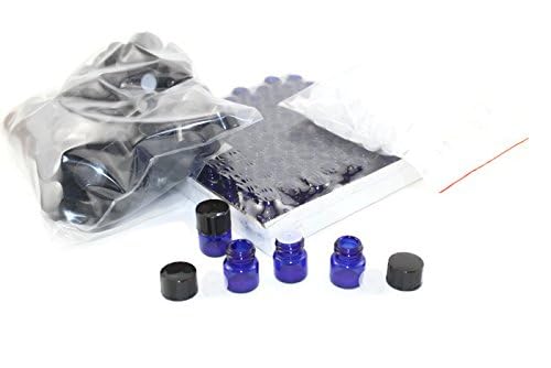 1/4 Dram (1ml) Cobalt Blue Glass Vial Bottle (144) w/Flat Black Screw Caps and Orifice Reducers