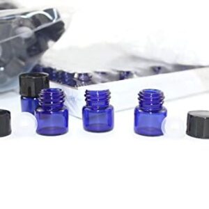 1/4 Dram (1ml) Cobalt Blue Glass Vial Bottle (144) w/Flat Black Screw Caps and Orifice Reducers