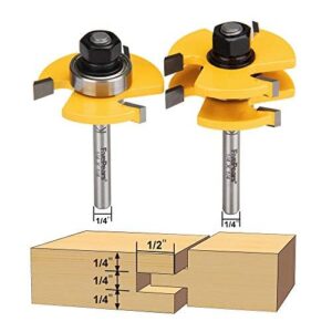 fivepears 2 pieces of tongue and groove router bits set with 1/4" shank,3 teeth t shape wood milling cutter woodworking tool