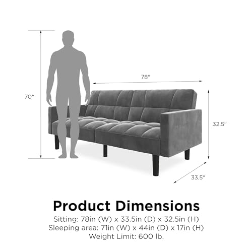 DHP Hayden 78 Inch Futon Sofa Bed in Microfiber, Upholstered Couch Sleeper with Tufted Back and Seat, Mid-Century Modern, Gray