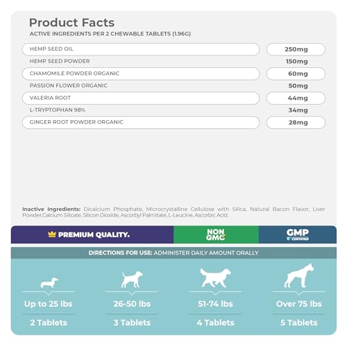 Calming Chews for Dogs - 120 Chewable Tablets - with Hemp, Chamomile, and L-Tryptophan for Anxiety Relief, Separation Stress, Noise, Thunder and Barking