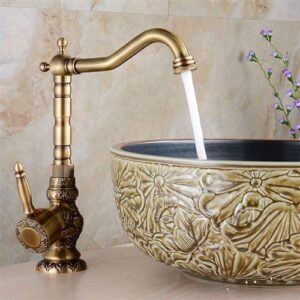 antique long neck brass body bathroom/kitchen sink faucet with hot & cold water mixer