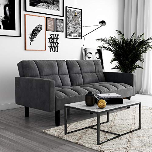 DHP Hayden 78 Inch Futon Sofa Bed in Microfiber, Upholstered Couch Sleeper with Tufted Back and Seat, Mid-Century Modern, Gray