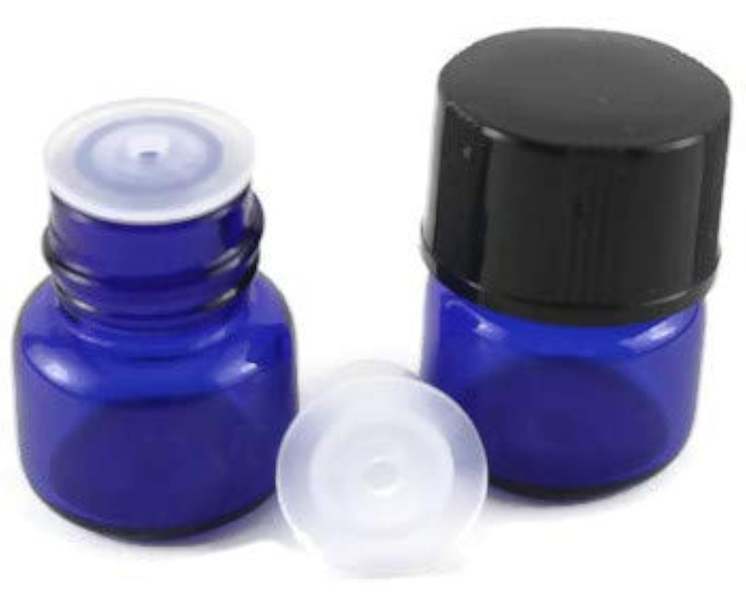 1/4 Dram (1ml) Cobalt Blue Glass Vial Bottle (144) w/Flat Black Screw Caps and Orifice Reducers