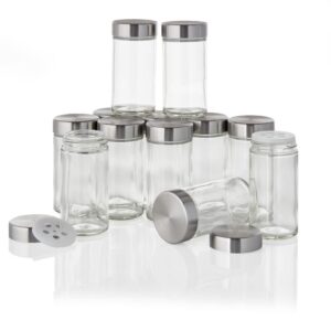 kamenstein clear reusable 3 oz jars with stainless steel shaker lids, and twist-on caps for airtight seals 12 pk