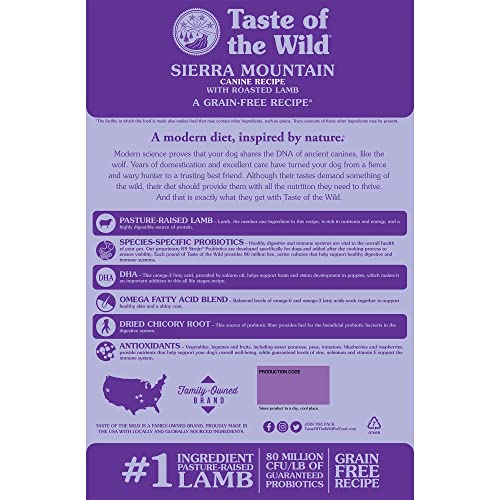 Taste of the Wild Sierra Mountain Grain-Free Canine Recipe with Roasted Lamb Dry Dog Food for All Life Stages, Made with High Protein from Real Lamb and Guaranteed Nutrients and Probiotics 14lb