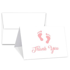 baby girl pink footprint thank you cards with envelopes - blank on the inside - baby shower gifts | 4.25" x 5.5" inches when folded | value pack of 25 cards & envelopes