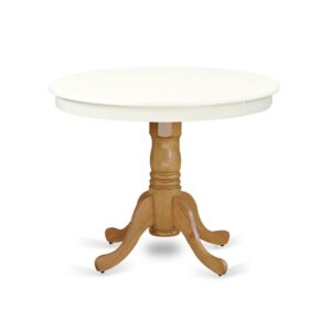 east west furniture ant-lok-tp antique mid-century modern dining table - a round dining table top with pedestal base, 36x36 inch, linen white & oak