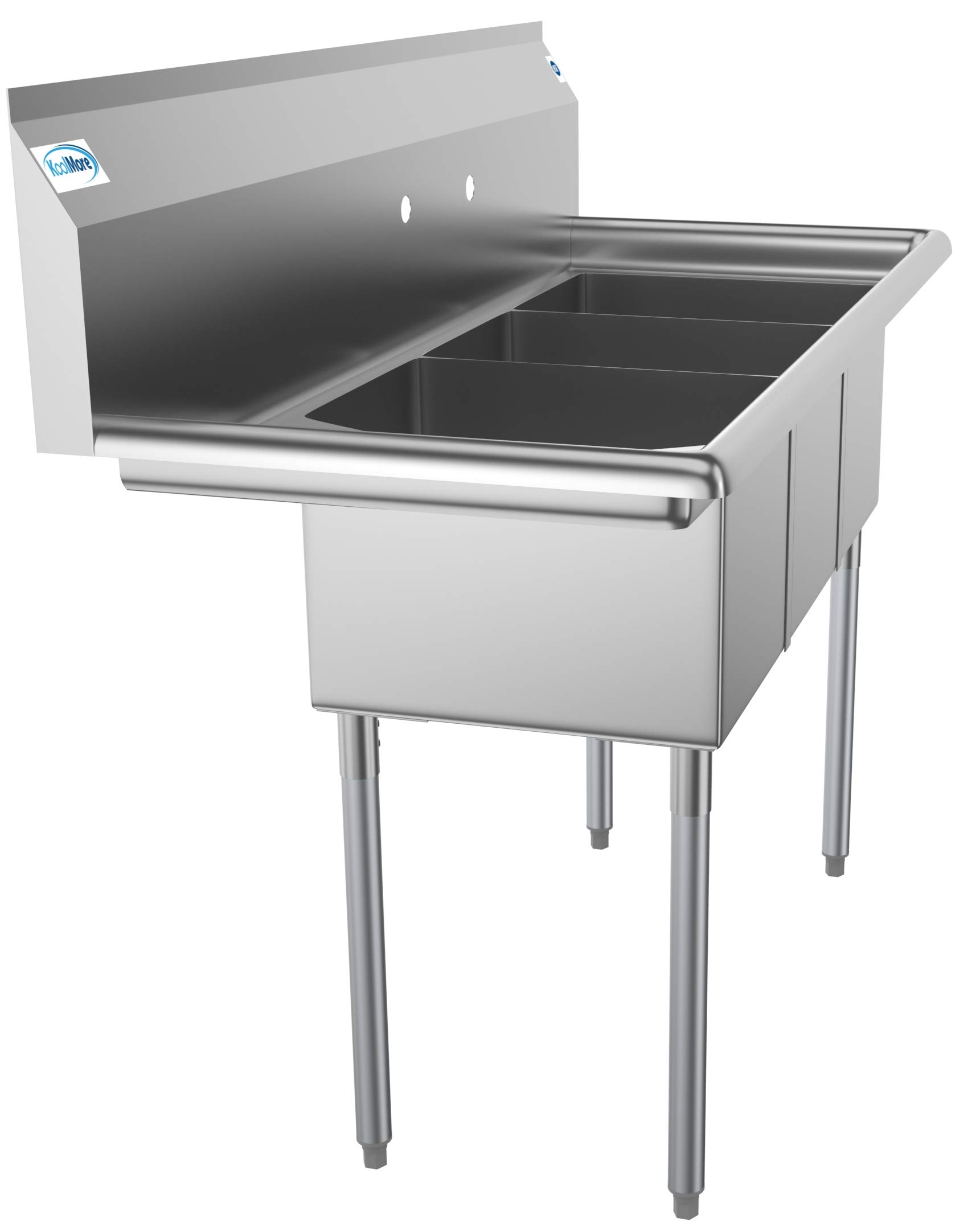 KoolMore 3 Compartment Stainless Steel NSF Commercial Kitchen Sink with Drainboard - Bowl Size 12" x 16" x 10",Silver