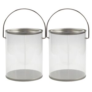 cornucopia brands quart size clear plastic paint cans (2-pack, 5 in tall); faux small pails w/bale for crafts, baby/wedding shower decor, not intended for liquids/heavy objects