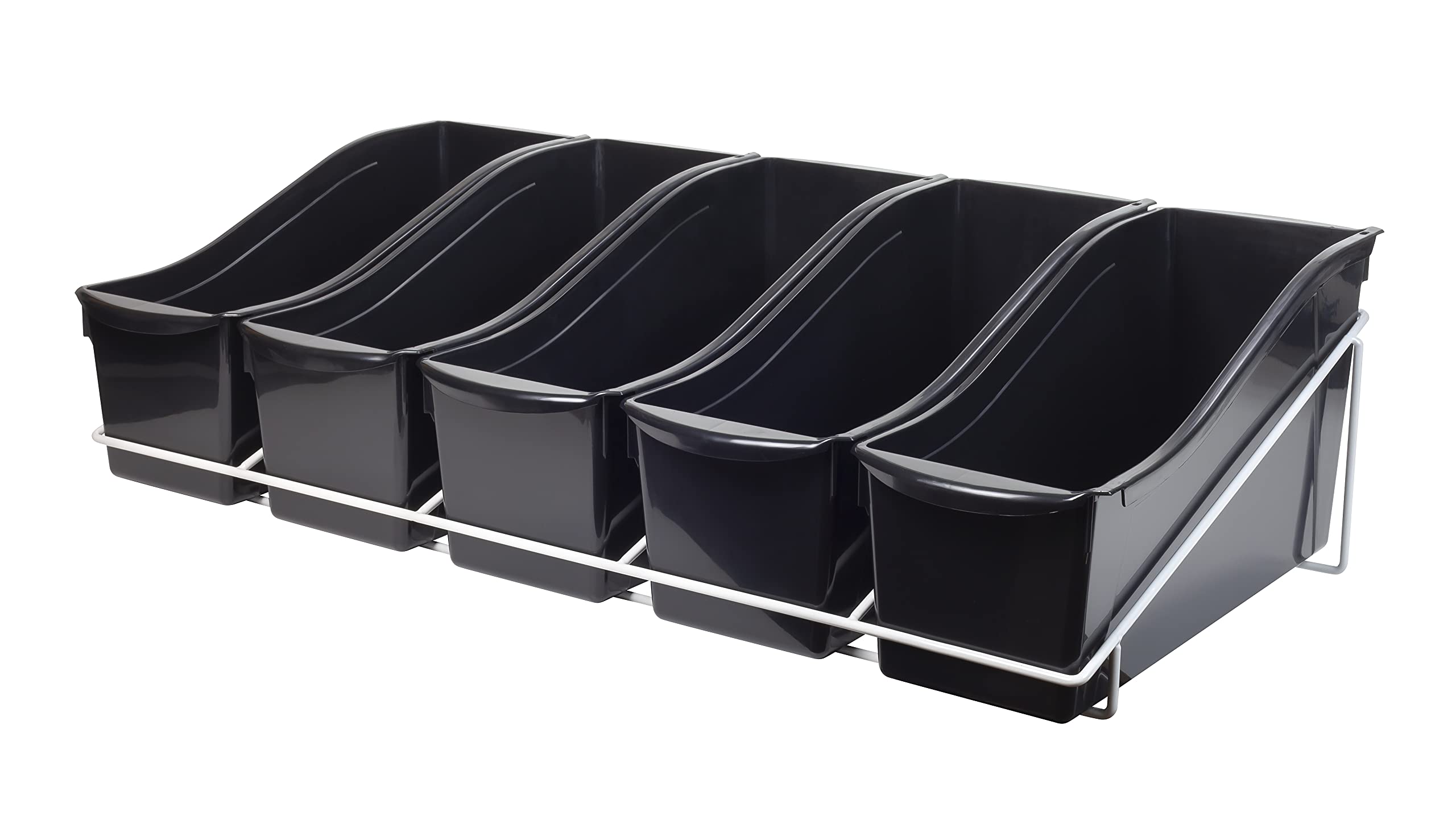 Storex Large Book Bins, Metal Shelf Rack Included, Black, Set of 5 (71129U01C)