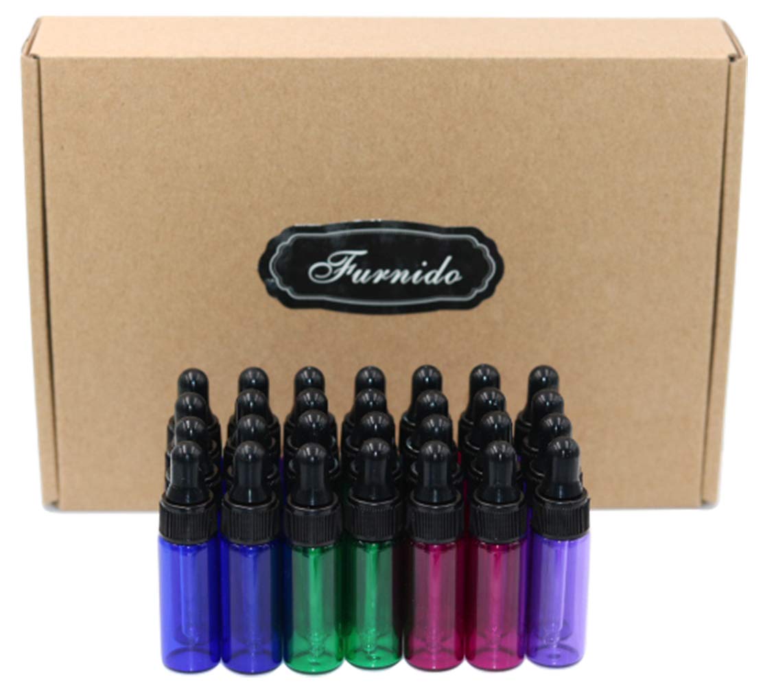 Furnido Dropper Sample Bottles For Essential Oils,5ml 35 Pack Multicolored Little Glass Dropper With Pure Dropper Sample Tubes&Black Screw Cap For Travel Perfume Aromatherapy Cosmetic Container