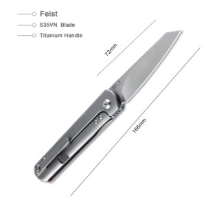 Kizer Pocket Folding Knife Front Flipper Reverse Tanto S35VN Blade Titanium Handles EDC Knife, Foldable Outdoor Carry for Men Women Gift, Feist Ki3499S