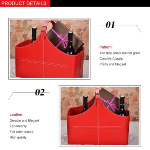 Leather Storage Basket,MDF Structure Wine Flowers Fruits Magazine Holder Rack/Bins,with Top Handle for Holiday Presents Gifts Display (Middle, Red)