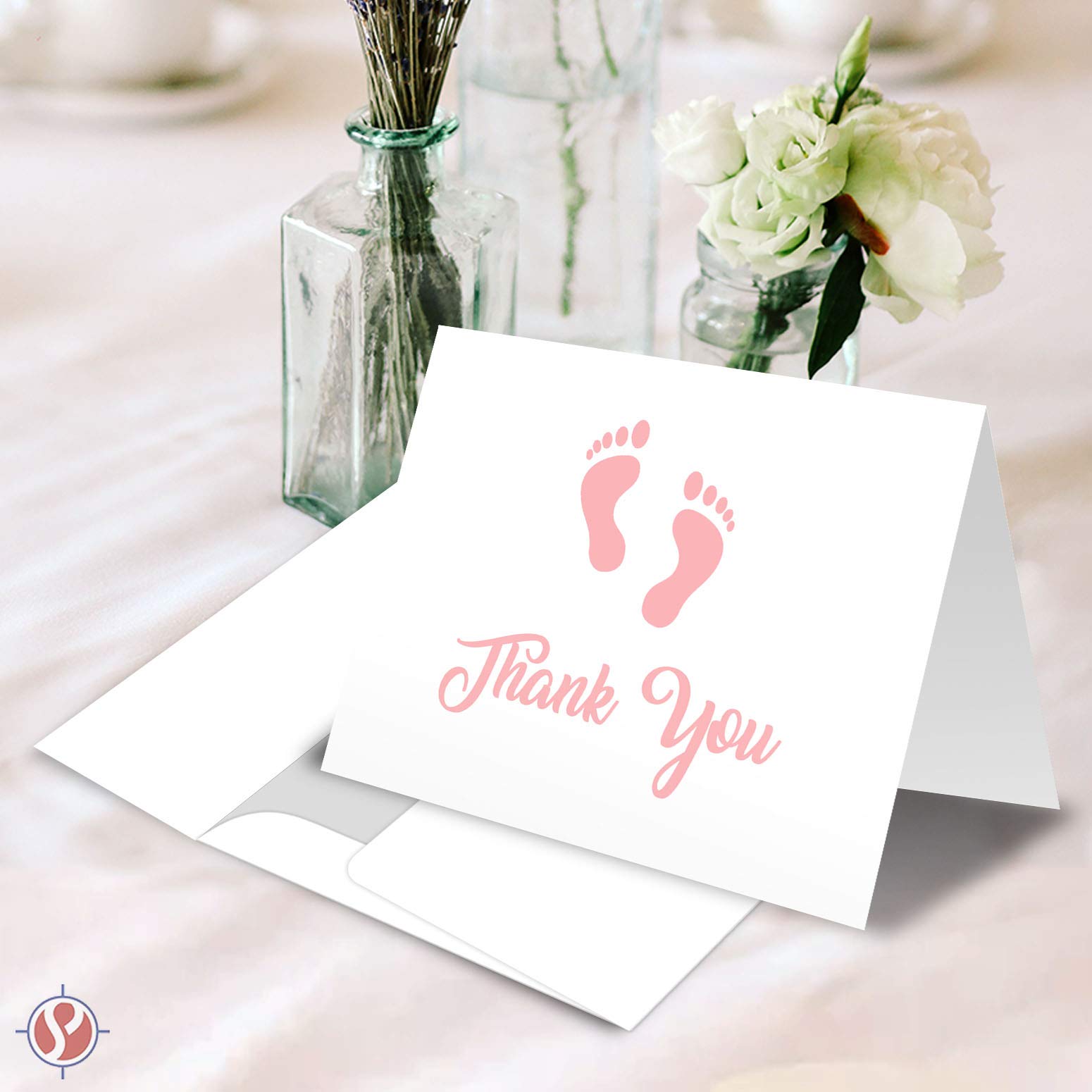 Baby Girl Pink Footprint Thank You Cards With Envelopes - Blank on The Inside - Baby Shower Gifts | 4.25" x 5.5" Inches When folded | Value Pack of 25 Cards & Envelopes