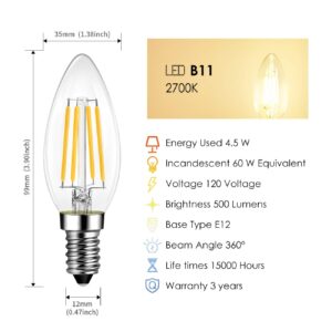 LVWIT B11 LED Edison Filament Bulb Dimmable 4.5W (60W Equivalent), E12 Candelabra Base 2700K Warm White Candle Light Bulb, UL-Listed (12 Pack)