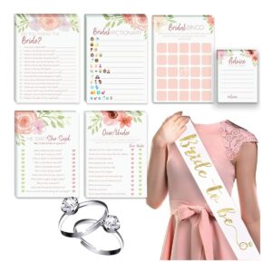 floral bridal shower games – set of 6 (50 cards each) w/ bride to be sash & 25 adjustable silver diamond engagement rings – luxury pre-wedding party favor accessories