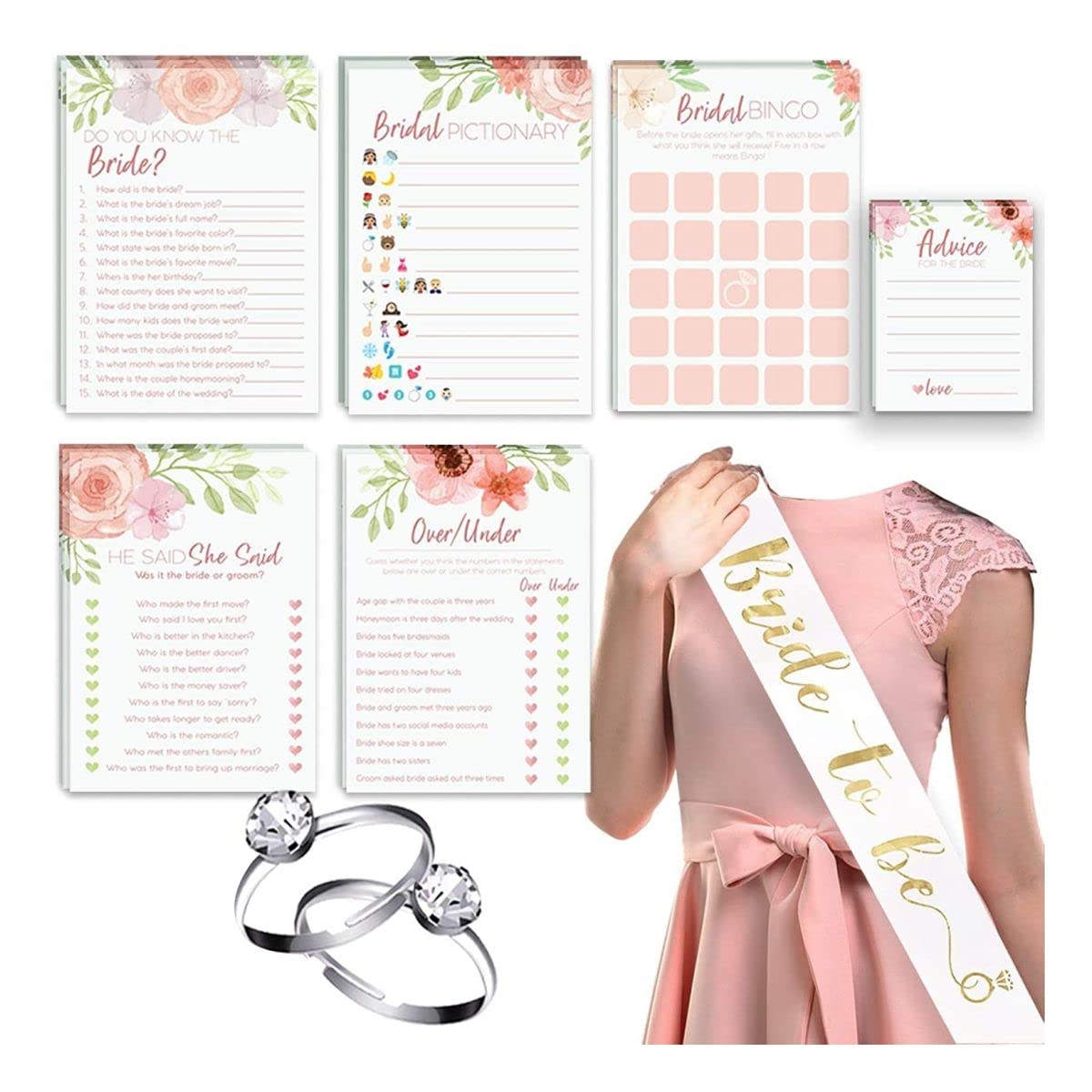 Floral Bridal Shower Games – Set of 6 (50 Cards Each) w/ Bride to Be Sash & 25 Adjustable Silver Diamond Engagement Rings – Luxury Pre-Wedding Party Favor Accessories