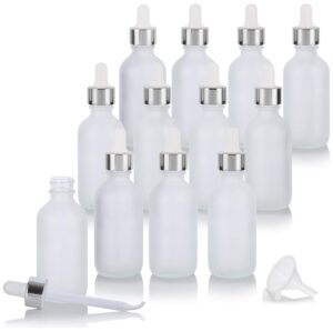 juvitus 2 oz frosted clear glass boston round bottle with silver metal and glass dropper (12 pack) for cosmetics, serums, carrier and essential oils, aromatherapy