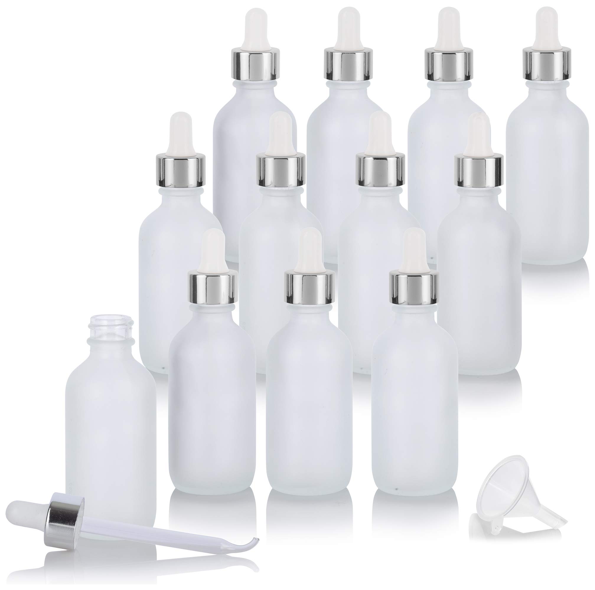 JUVITUS 2 oz Frosted Clear Glass Boston Round Bottle with Silver Metal and Glass Dropper (12 Pack) for Cosmetics, Serums, Carrier and Essential Oils, Aromatherapy