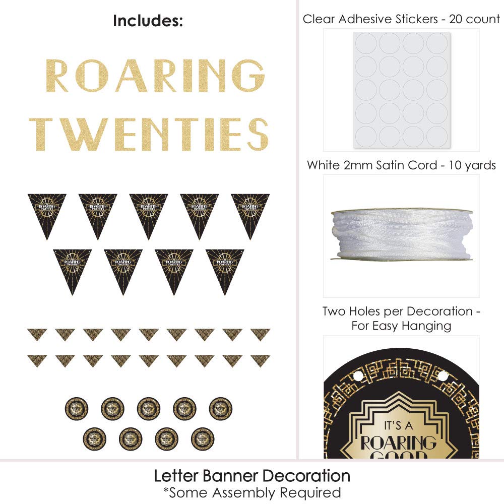 Big Dot of Happiness Roaring 20's - 1920s Art Deco Jazz Party Letter Banner Decoration - 36 Banner Cutouts and No-Mess Real Gold Glitter Roaring Twenties Banner Letters