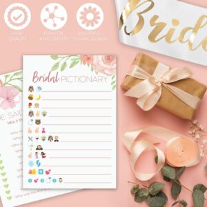 Floral Bridal Shower Games – Set of 6 (50 Cards Each) w/ Bride to Be Sash & 25 Adjustable Silver Diamond Engagement Rings – Luxury Pre-Wedding Party Favor Accessories