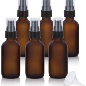 JUVITUS 2 oz Frosted Amber Glass Boston Round Bottle Black Treatment Pump (6 pack) + Funnel