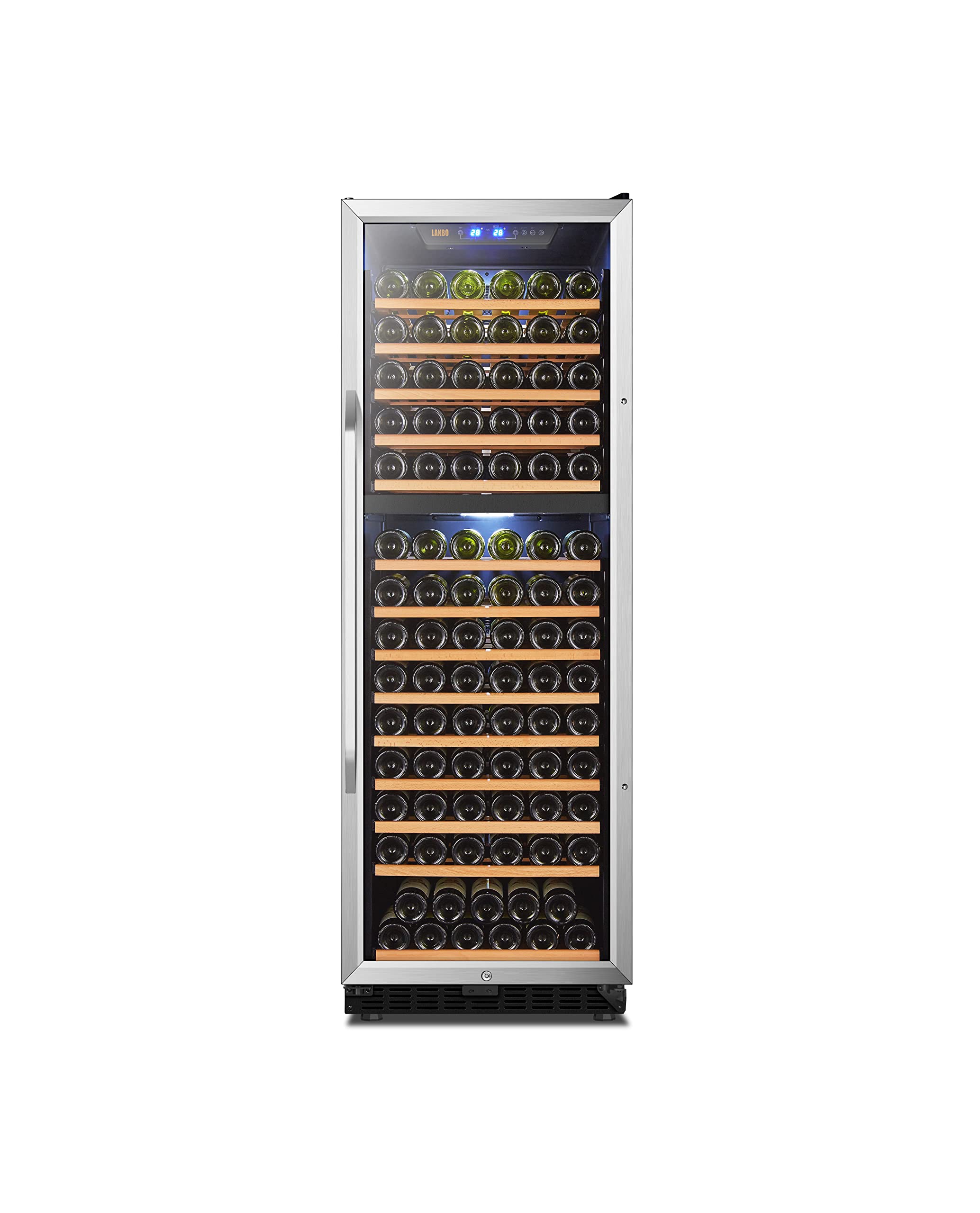 Lanbo Dual Zone Compressor Red Wine Cooler with Wooden Shelves, 160 Bottles