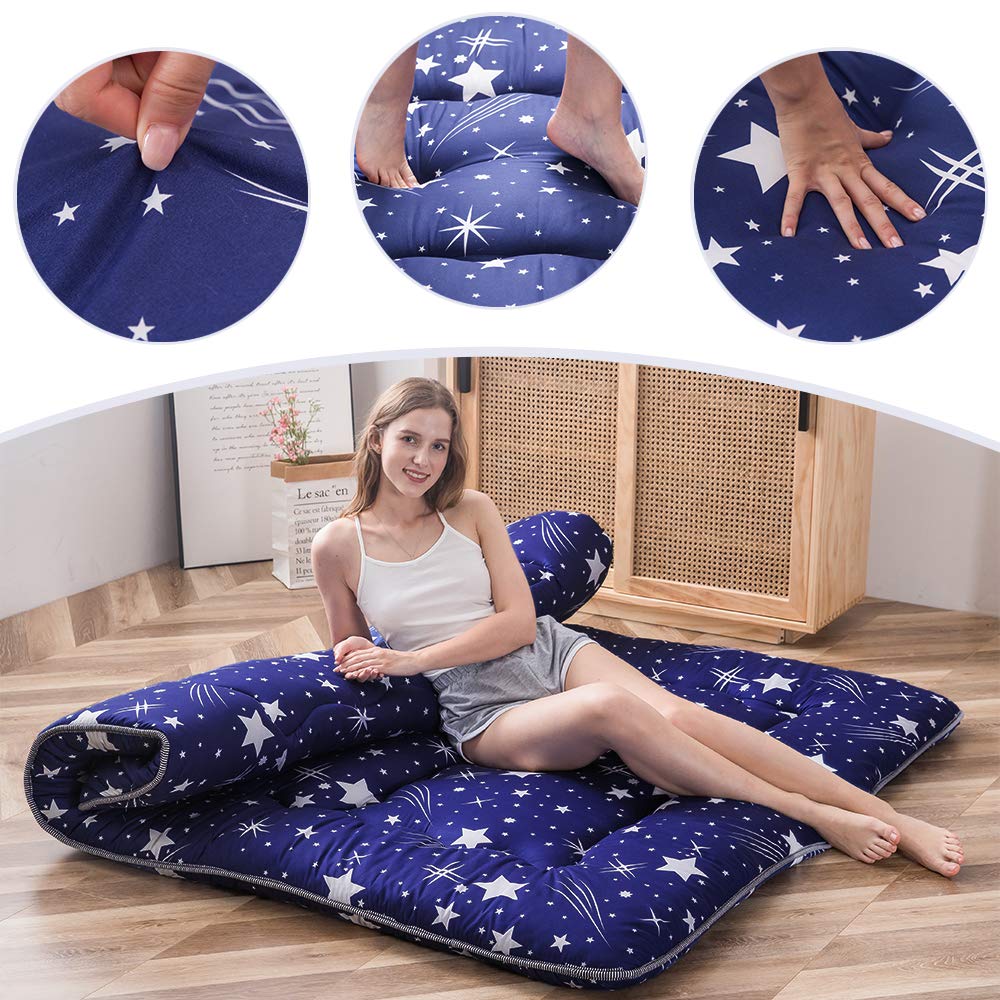 MAXYOYO Navy Starry Sky Japanese Floor Futon Mattress, Tatami Floor Mat Portable Camping Mattress Kids Sleeping Pad Foldable Roll Up Floor Lounger Couch Bed Twin Size with Mattress Cover