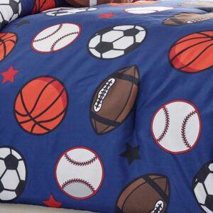 WPM Kids Collection Bedding 4 Piece Blue Twin Size Comforter Set with Sheet Pillow sham and Plush Football Pillow Soccer Baseball Basketball Fun Sports Design (Football, Twin Comforter)