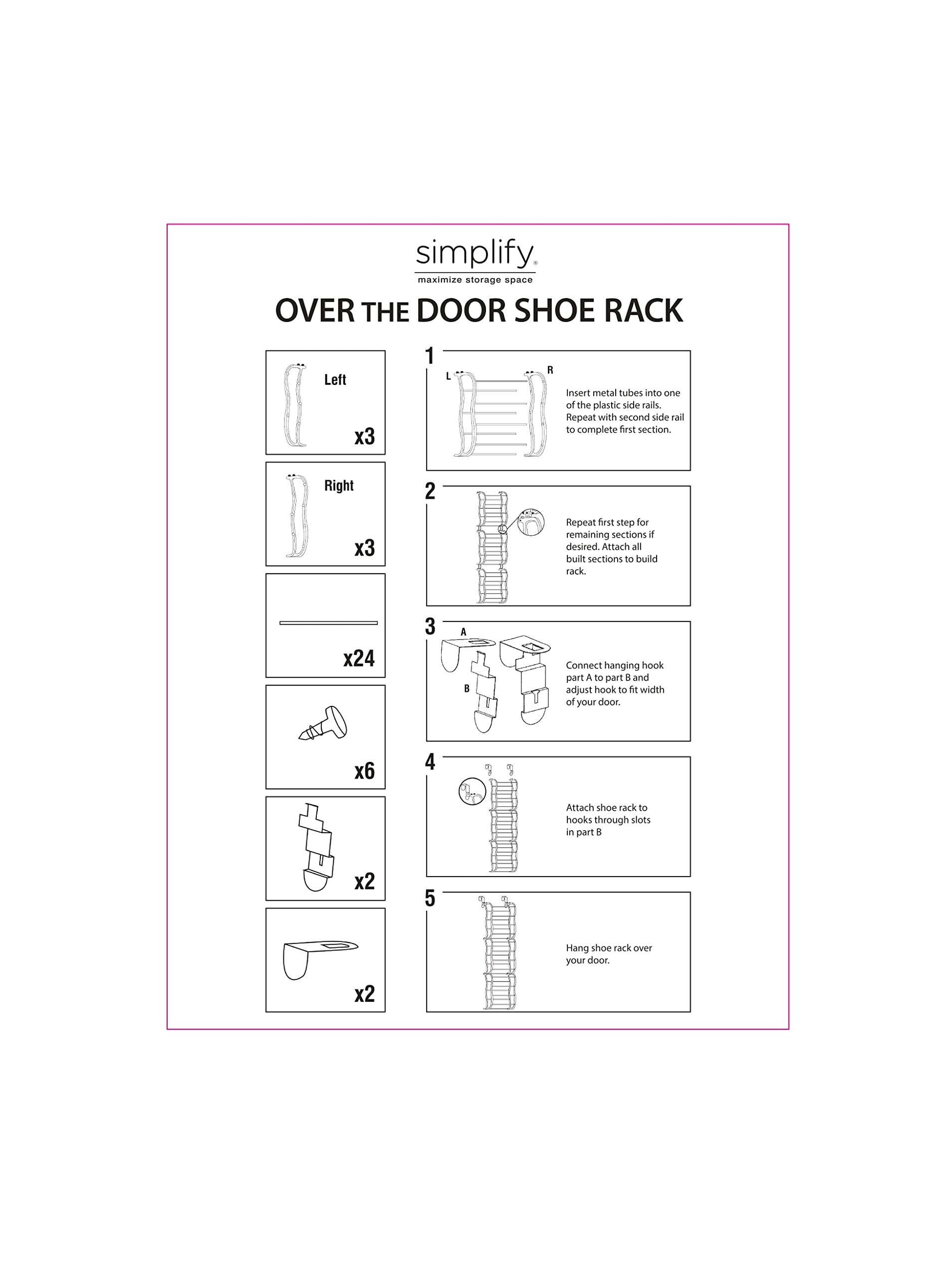 Simplify 36 Pair Adjustable Hanging Over the Door Shoe Rack, 12 Tier, in White