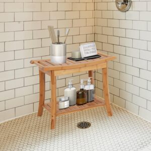 Kinsuite Bamboo Wooden Shower Bench Seat Bathroom Shower Chair with Storage Shelf Organizer Stool Indoor Bathing Bench for Inside Shower