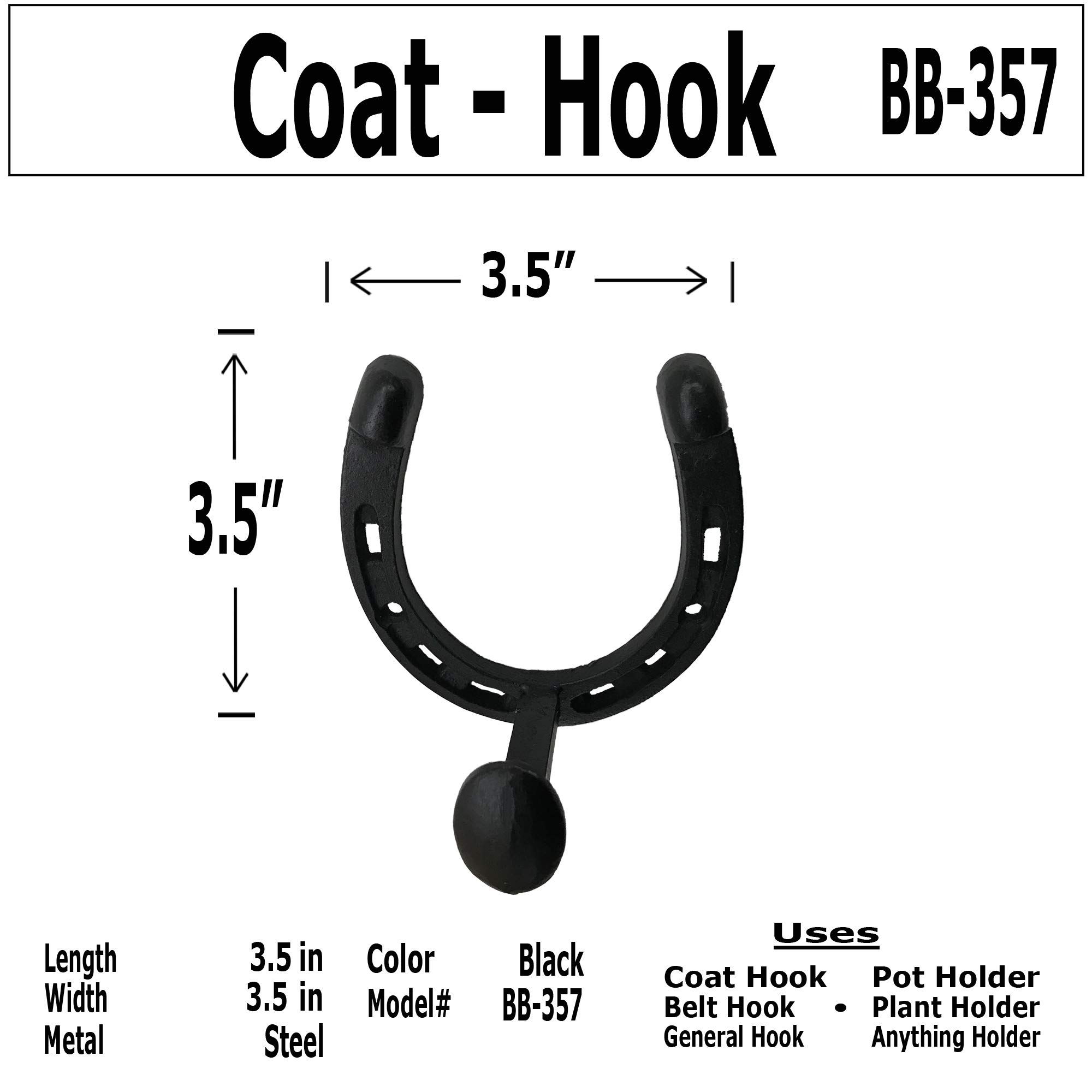 Antique Hardware Depot (2) 3.5" - Horseshoe - BB-357 - for Coats, Bags, Hand Towel etc - Black Finish Wrought Iron Coat Hook