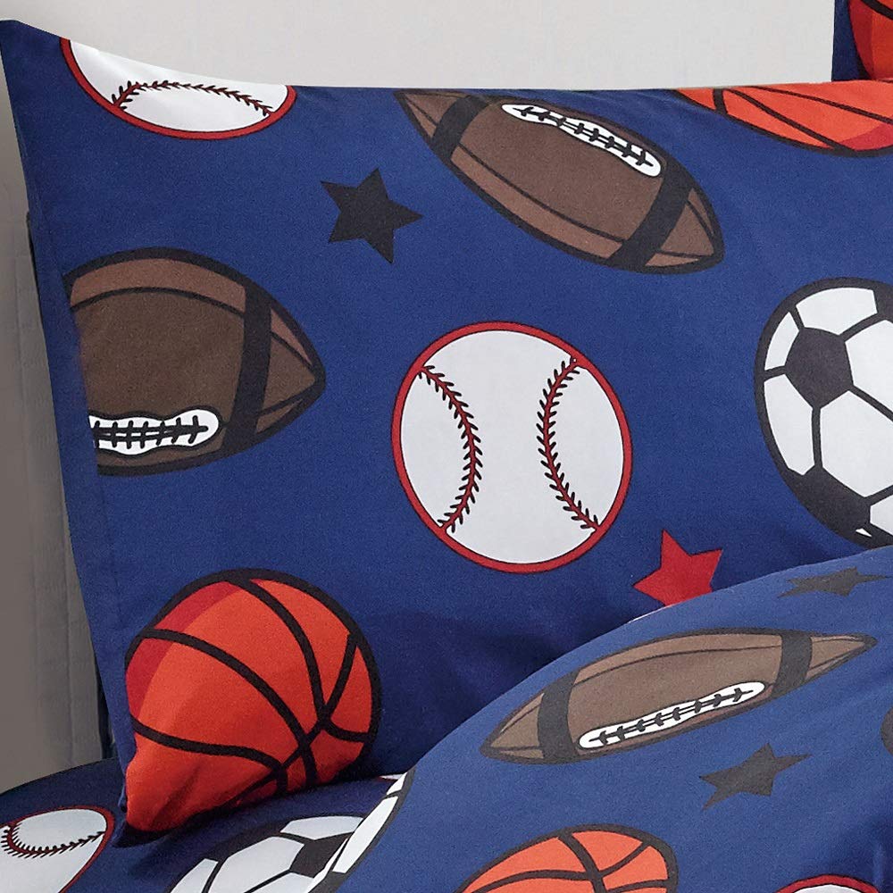 WPM Kids Collection Bedding 4 Piece Blue Twin Size Comforter Set with Sheet Pillow sham and Plush Football Pillow Soccer Baseball Basketball Fun Sports Design (Football, Twin Comforter)