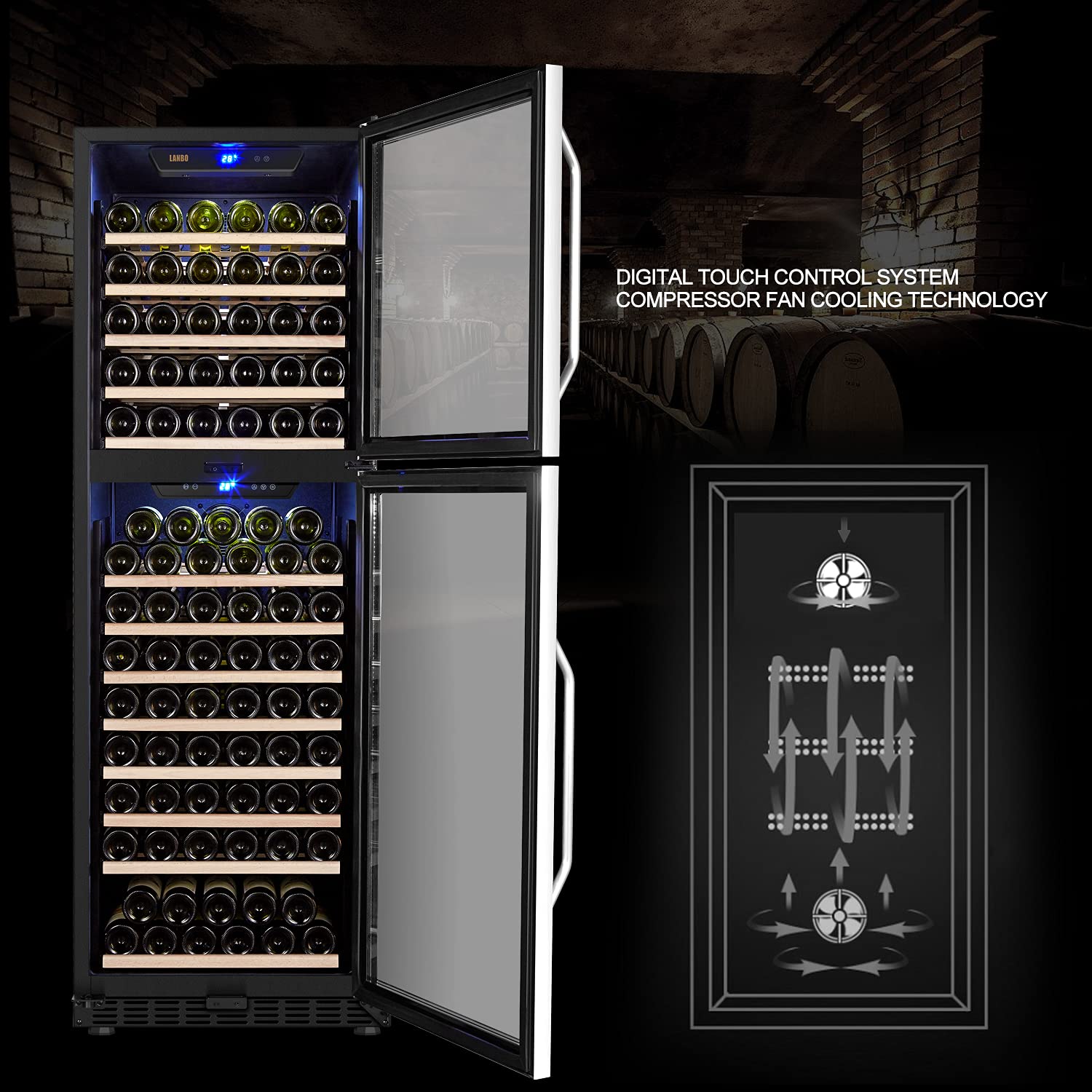 Lanbo Dual Door Dual Zone Built-in Wine Cooler with Front Exhaust, 162 Bottle