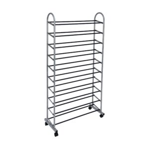 simplify 10 tier mobile shoe rack | 40 pairs shoes | free standing | wheels | closet storage | bedroom organization | sneakers | heels | boots | grey