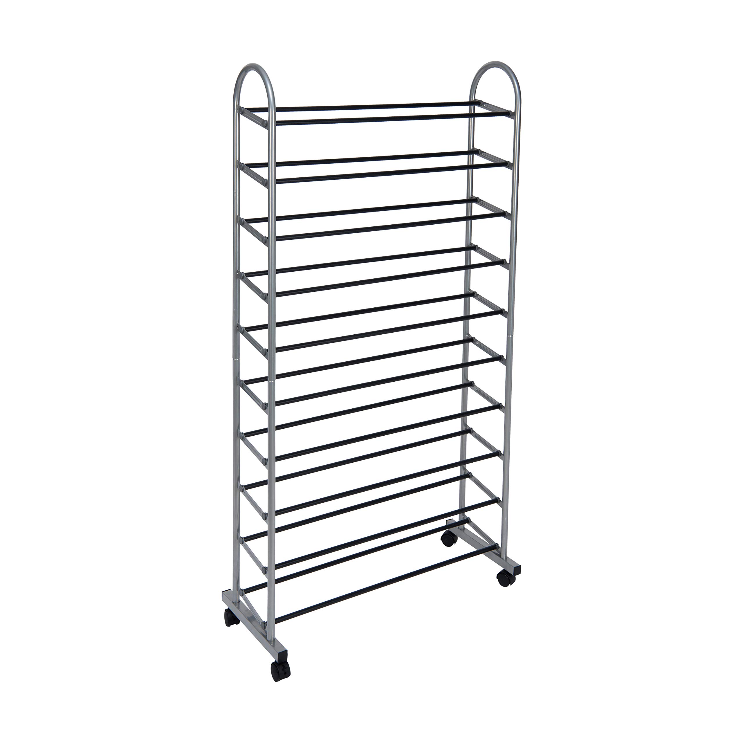 Simplify 10 Tier Mobile Shoe Rack | 40 Pairs Shoes | Free Standing | Wheels | Closet Storage | Bedroom Organization | Sneakers | Heels | Boots | Grey