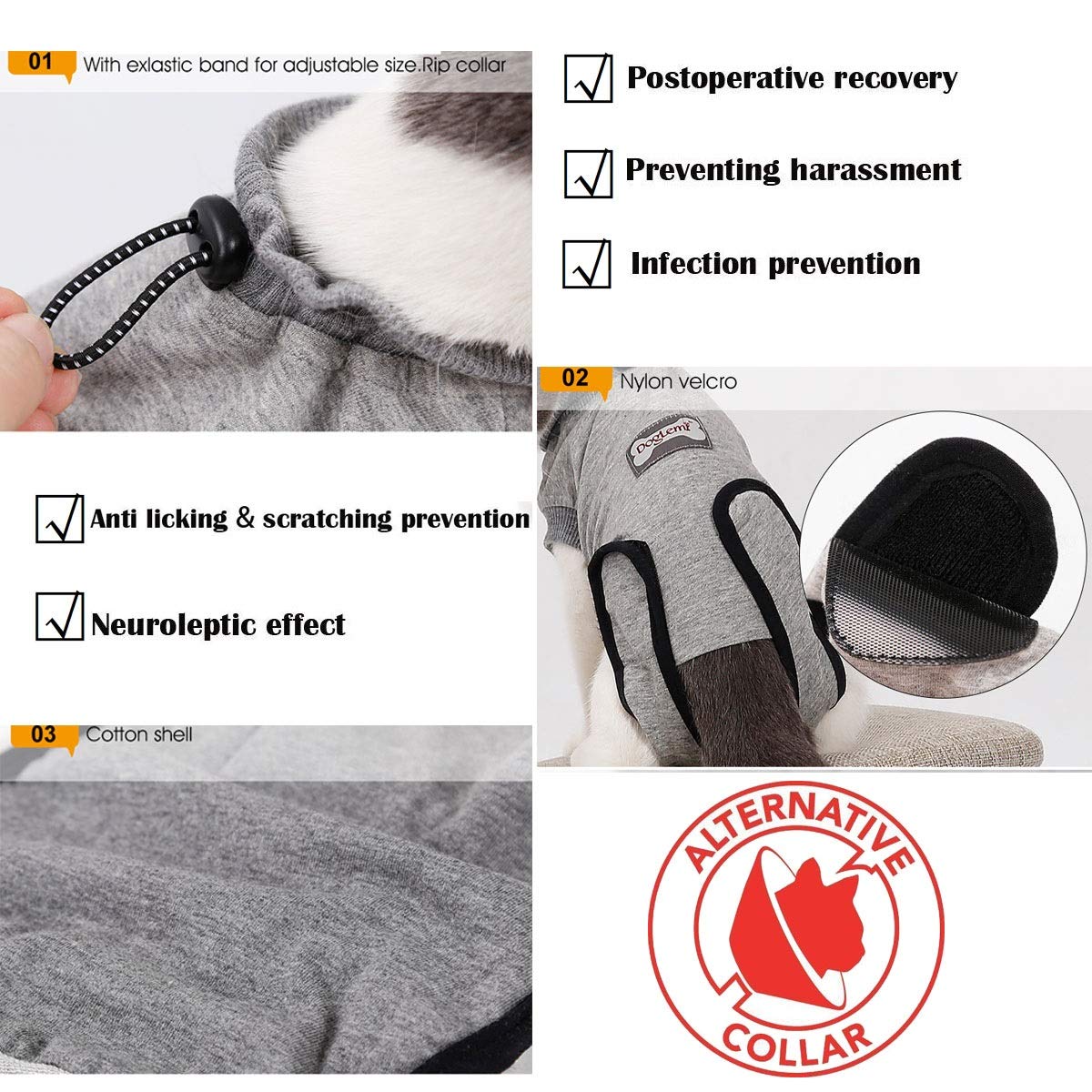 Bonaweite Cat Recovery Suit, Cat Onesie for Cats After Surgery, Cat Surgical Recovery Suit Male Female Neuter, Cat Pajamas Body Suit Post Surgery, Kitten Spay E-Collar Cone Alternative Anxiety Vest