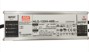 mean well hlg-120h-48b led power supply 120w 48v 2.5a, ip67, cv+cc, with pfc, dimming with 1-10v, 10v pwm signal and resistance, input: 90~305vac.