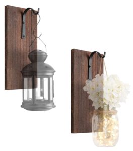 dahey rustic wall hooks for mason jar lantern wall decor, set of 2 decorative iron hooks with wood boards for hanging sconce candle plants hangers, christmas home decor