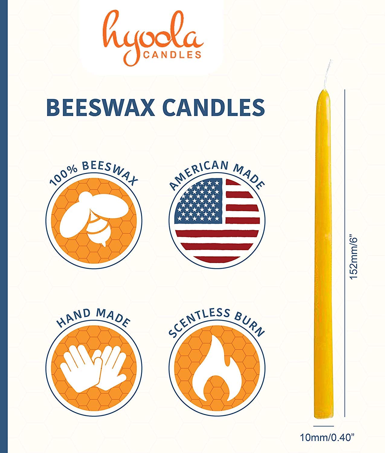 Hyoola Thin Beeswax Taper Candles - 25 Pack - Handmade, All Natural, 100% Pure Scented Bee Wax Candle - Tall, Decorative, Golden Yellow - 6” Tall - Handmade in The USA