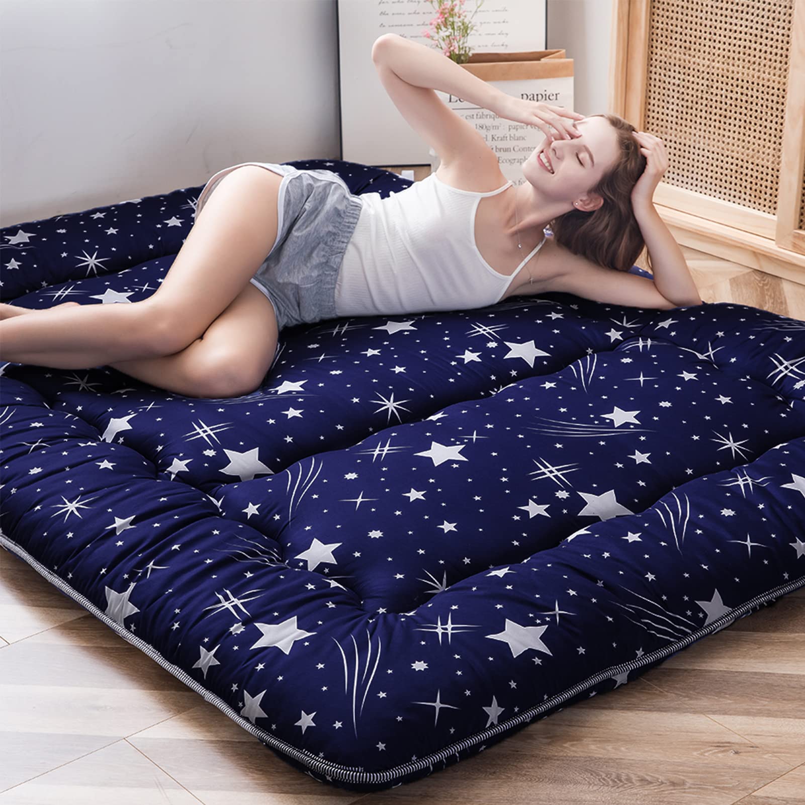 MAXYOYO Navy Starry Sky Japanese Floor Futon Mattress, Tatami Floor Mat Portable Camping Mattress Kids Sleeping Pad Foldable Roll Up Floor Lounger Couch Bed Twin Size with Mattress Cover