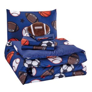 WPM Kids Collection Bedding 4 Piece Blue Twin Size Comforter Set with Sheet Pillow sham and Plush Football Pillow Soccer Baseball Basketball Fun Sports Design (Football, Twin Comforter)