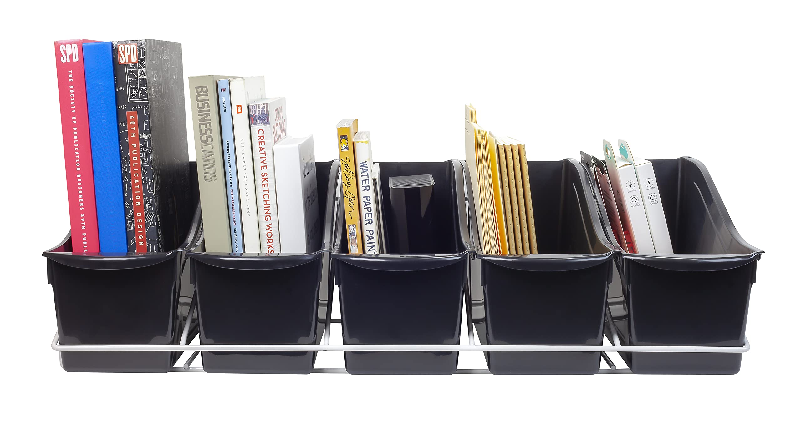 Storex Large Book Bins, Metal Shelf Rack Included, Black, Set of 5 (71129U01C)